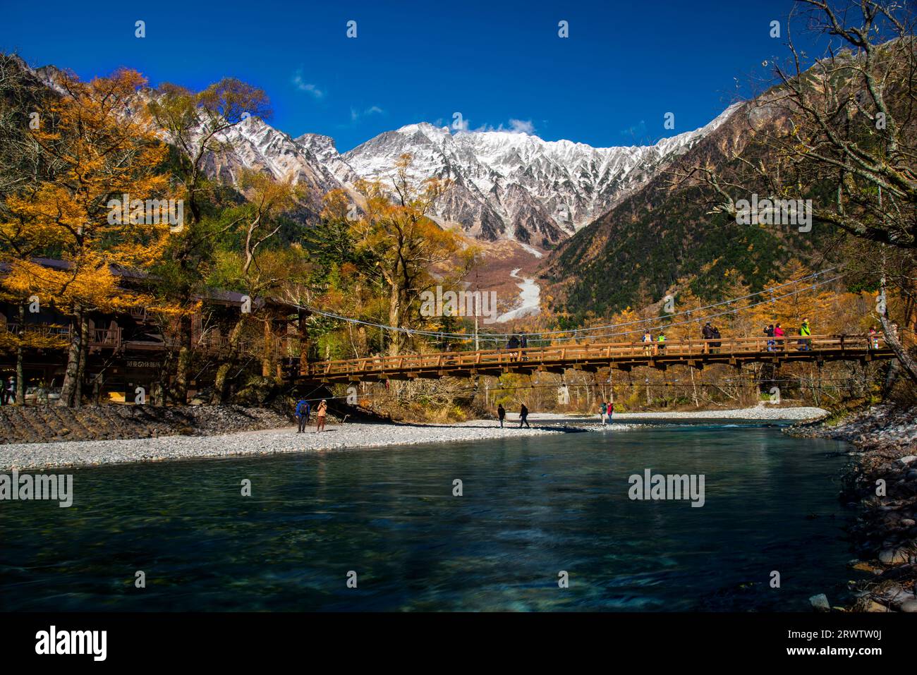 Kappa Bridge and Hotaka mountain range in Kamikochi Stock Photo - Alamy