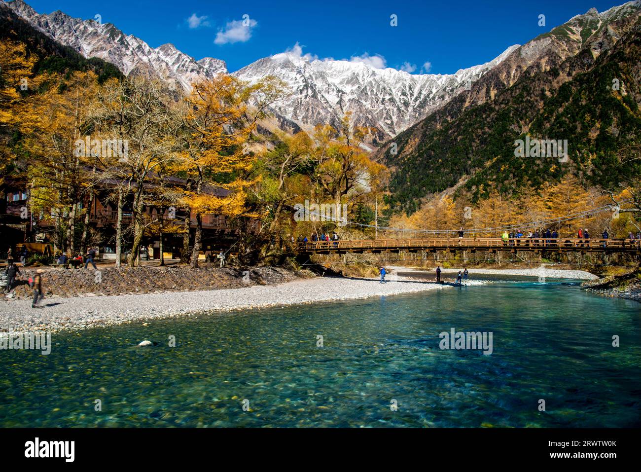 Kappa Bridge and Hotaka mountain range in Kamikochi Stock Photo - Alamy