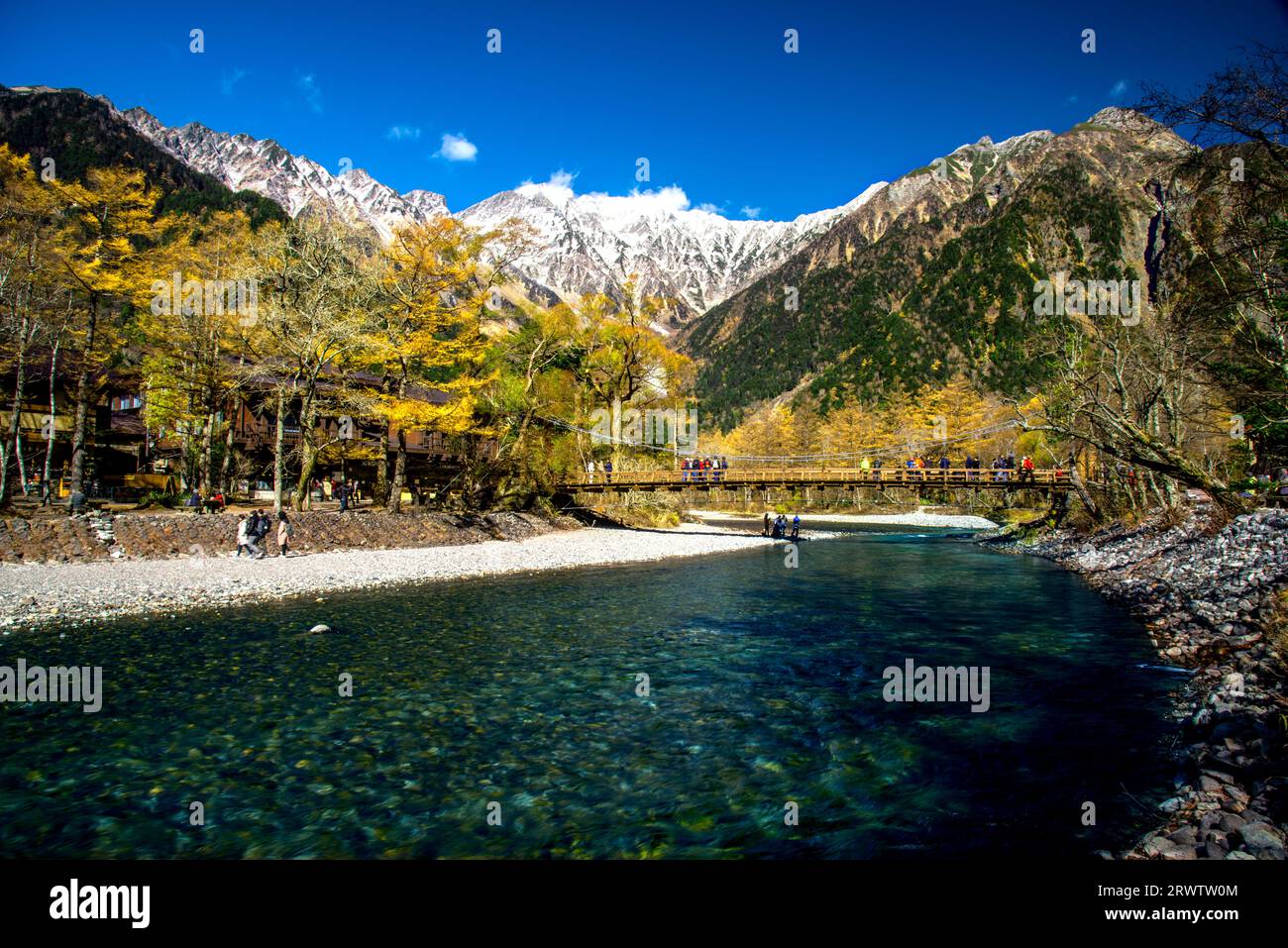 Kappa Bridge and Hotaka mountain range in Kamikochi Stock Photo - Alamy