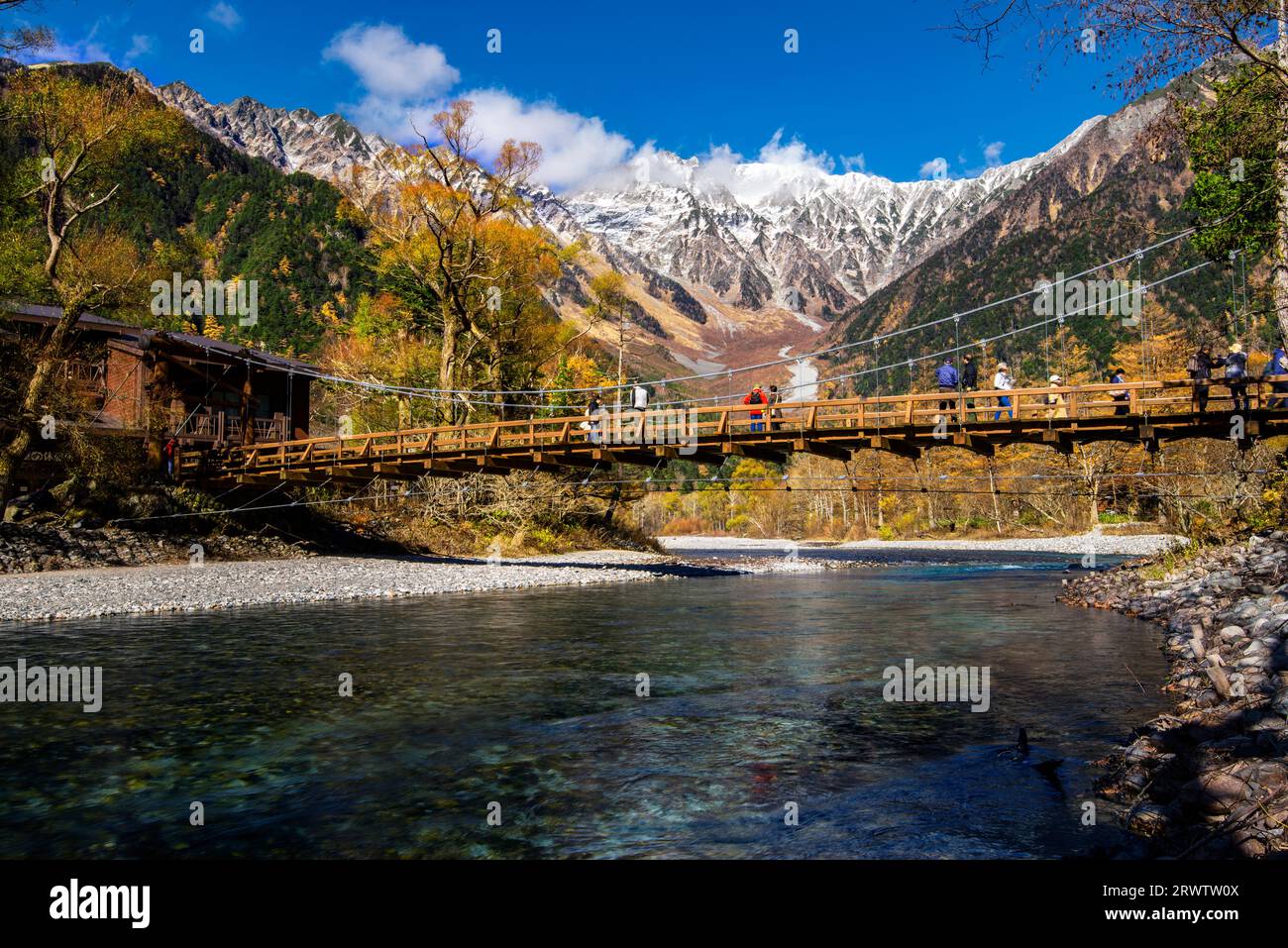 Kappa Bridge and Hotaka mountain range in Kamikochi Stock Photo - Alamy