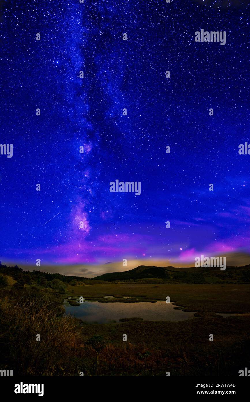 Kirigamine Plateau Yashima marshland and Milky Way starry sky Stock ...