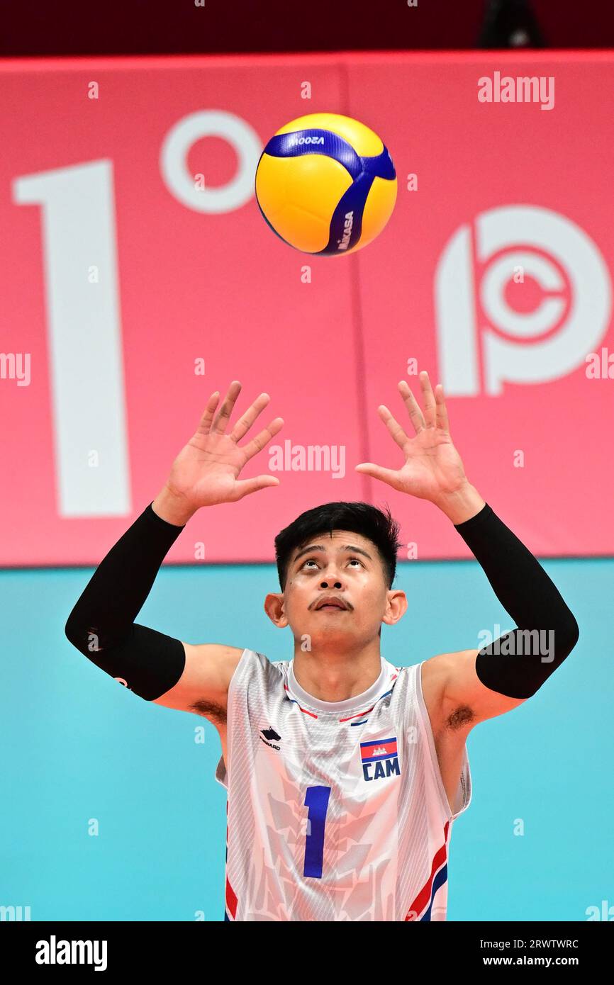Hangzhou, China. 21st Sep, 2023. Sovandara Khim of the Cambodia men volleyball team is seen in ...