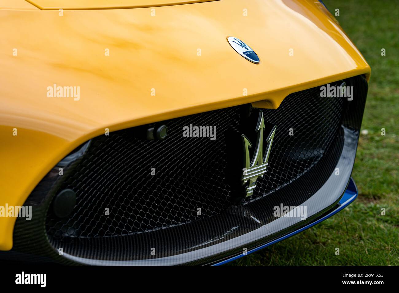 Maserati MC20 Super Car Close up of Front Grille and Trident Badge ...