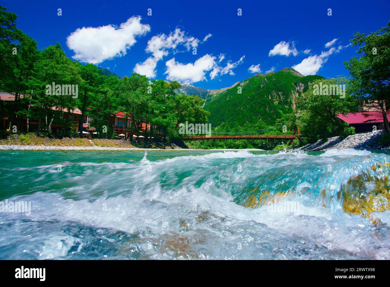 Clear stream of Azusa River, Kappa-bashi Bridge and Hotaka mountain ...