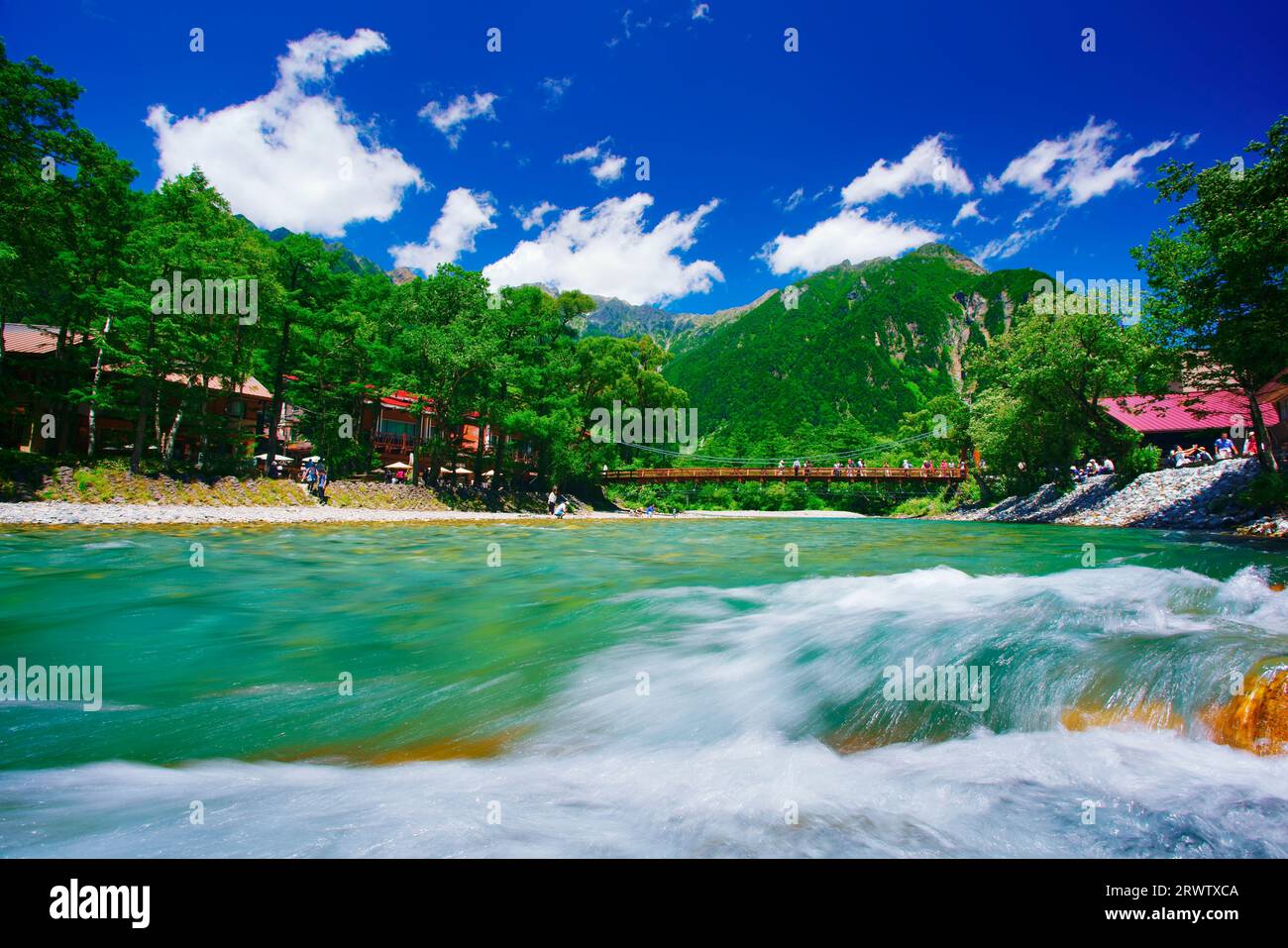 Clear stream of Azusa River, Kappa-bashi Bridge and Hotaka mountain ...