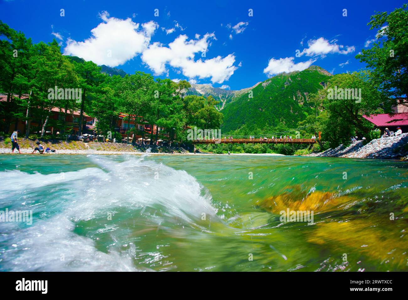 Clear stream of Azusa River, Kappa-bashi Bridge and Hotaka mountain ...