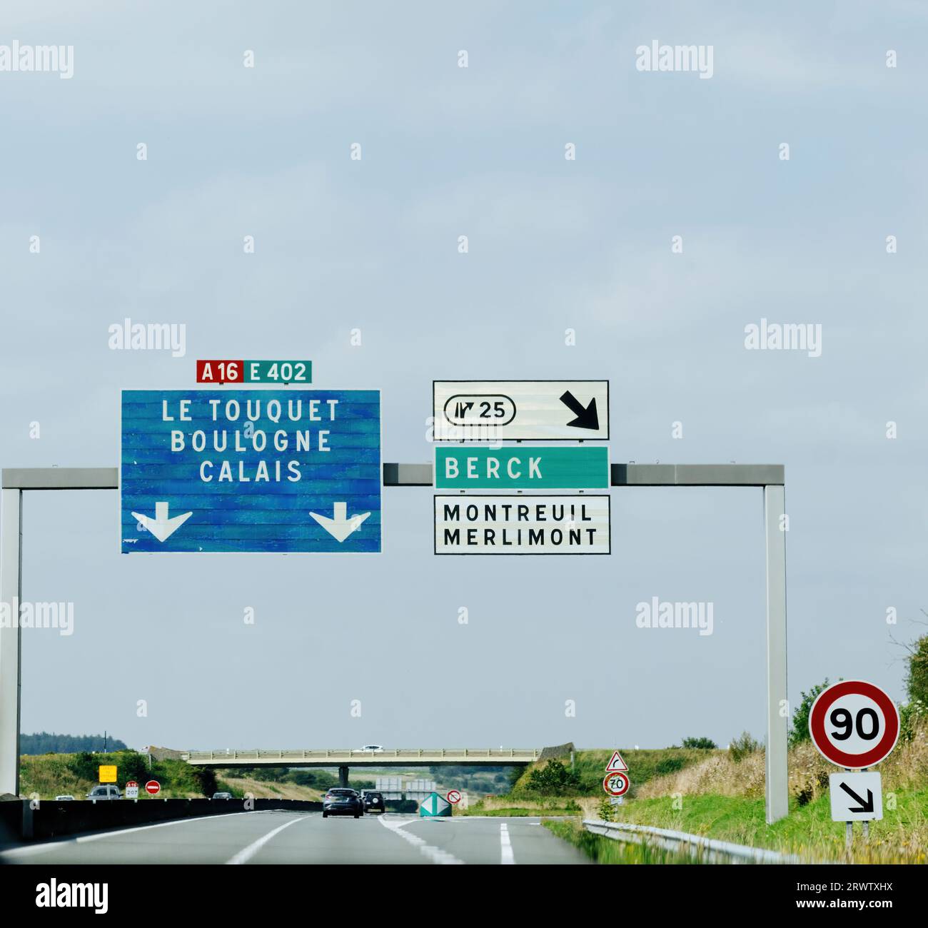 A highway sign in France displays directions to Le Touquet, Boulogne ...
