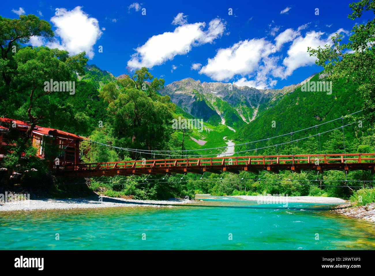 Clear stream of Azusa River, Kappa-bashi Bridge and Hotaka mountain ...