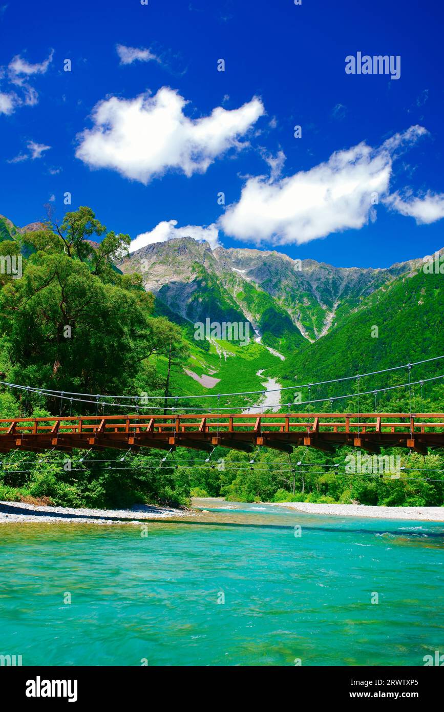 Clear stream of Azusa River, Kappa-bashi Bridge and Hotaka mountain ...
