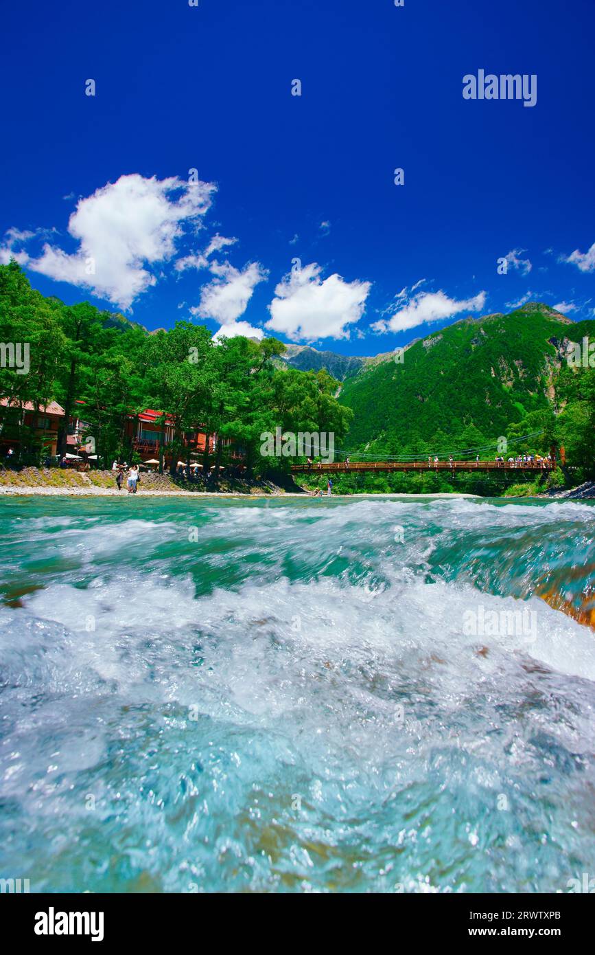 Clear stream of Azusa River, Kappa-bashi Bridge and Hotaka mountain ...