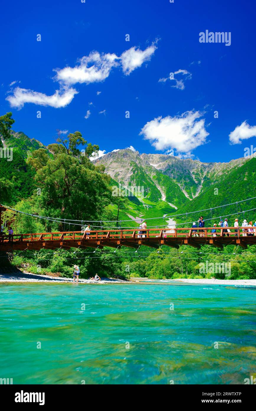 Clear stream of Azusa River, Kappa-bashi Bridge and Hotaka mountain ...