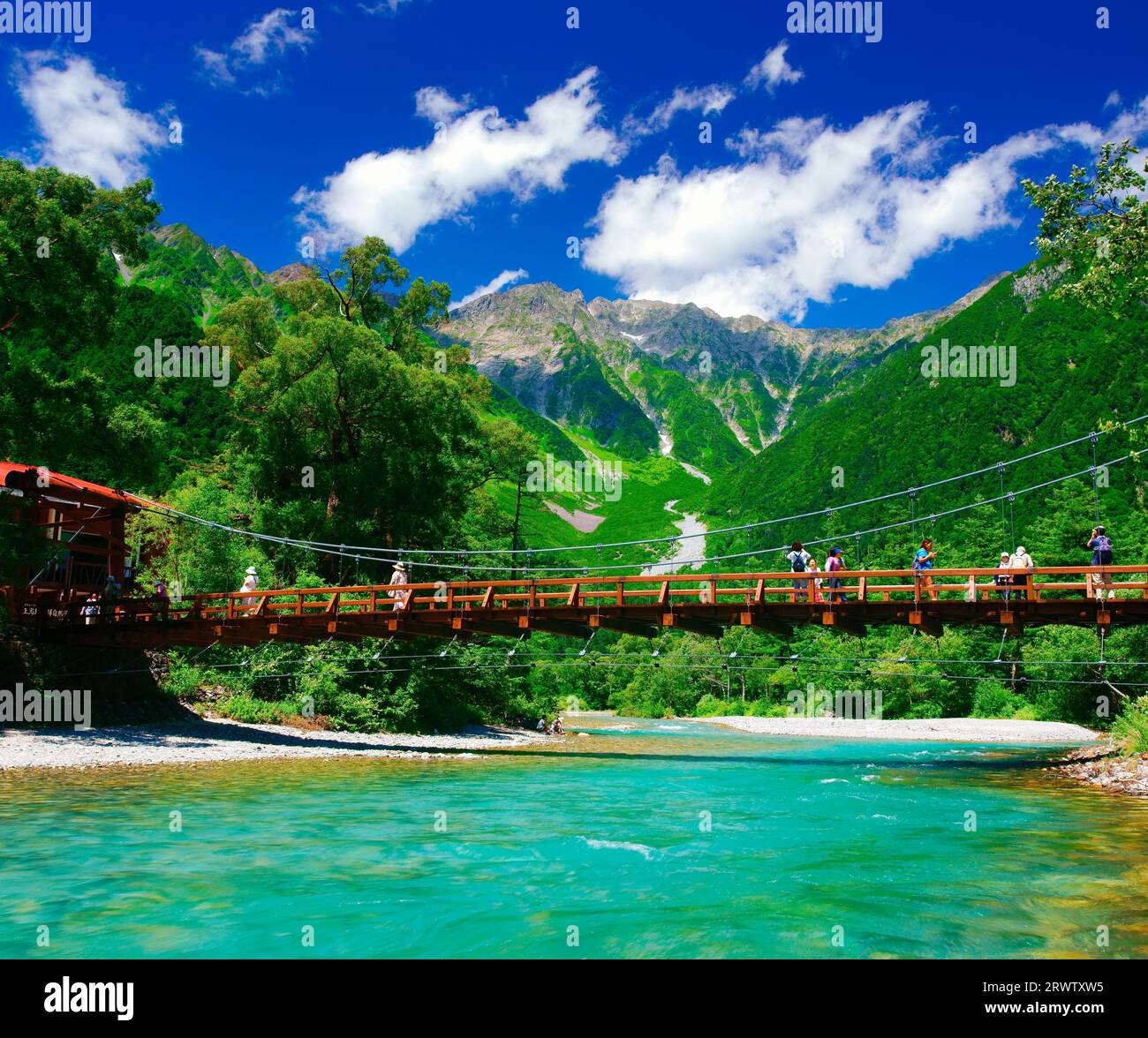 Clear stream of Azusa River, Kappa-bashi Bridge and Hotaka mountain ...