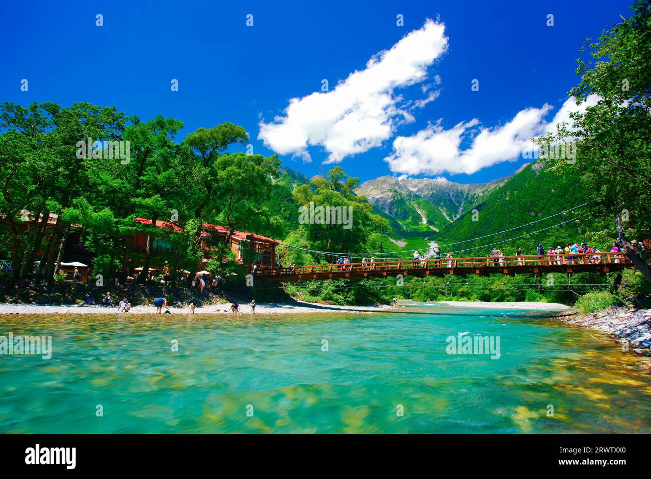 Clear stream of Azusa River, Kappa-bashi Bridge and Hotaka mountain ...