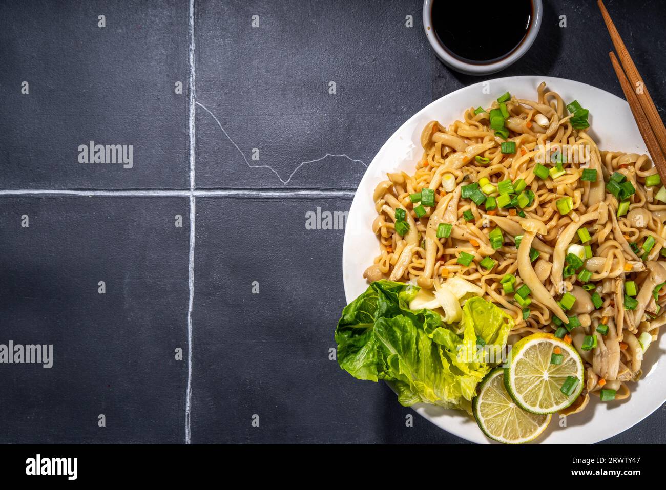 Asian shimeji noodles dish. Chow Mein noodles pasta, with stir fried ...