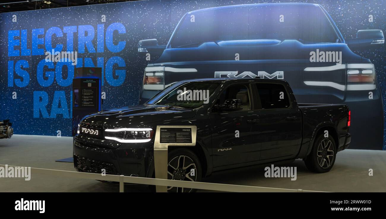DETROIT, MI/USA - SEPTEMBER 13, 2023: A 2025 RAM 1500 REV truck, North ...