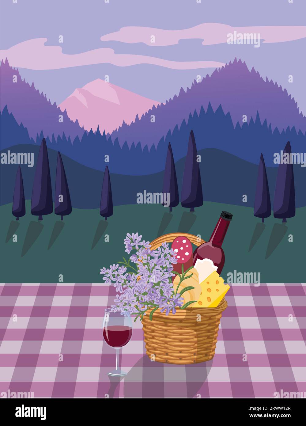 Hand drawn vector illustration of a picnic wicker basket and a glass of ...