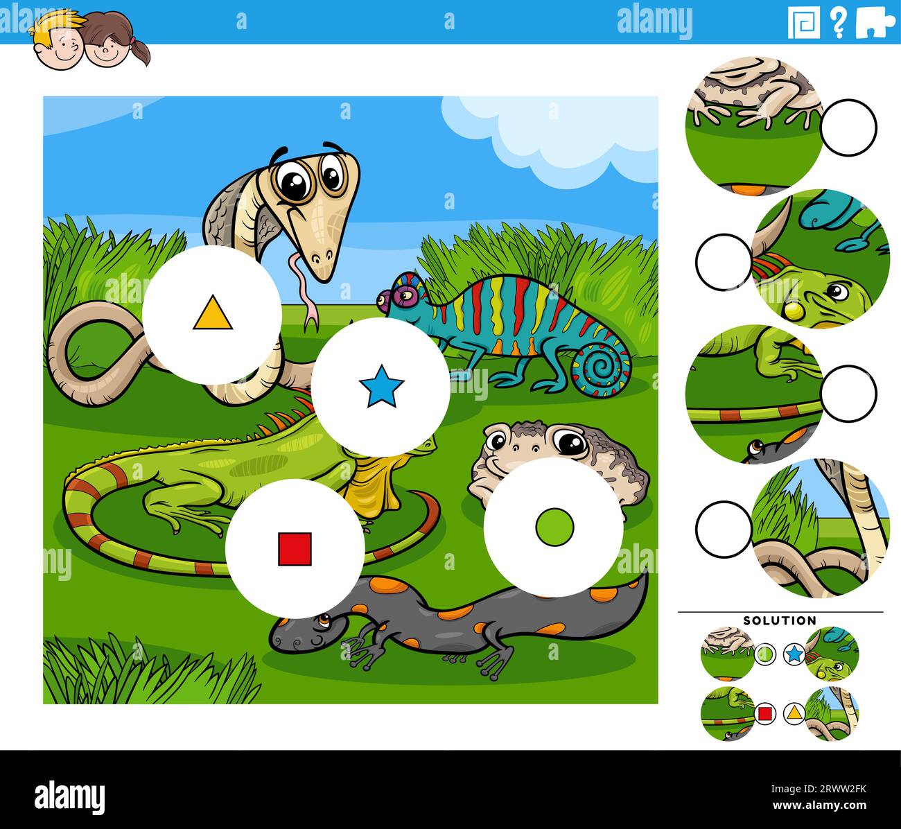 Cartoon illustration of educational match the pieces jigsaw puzzle game ...