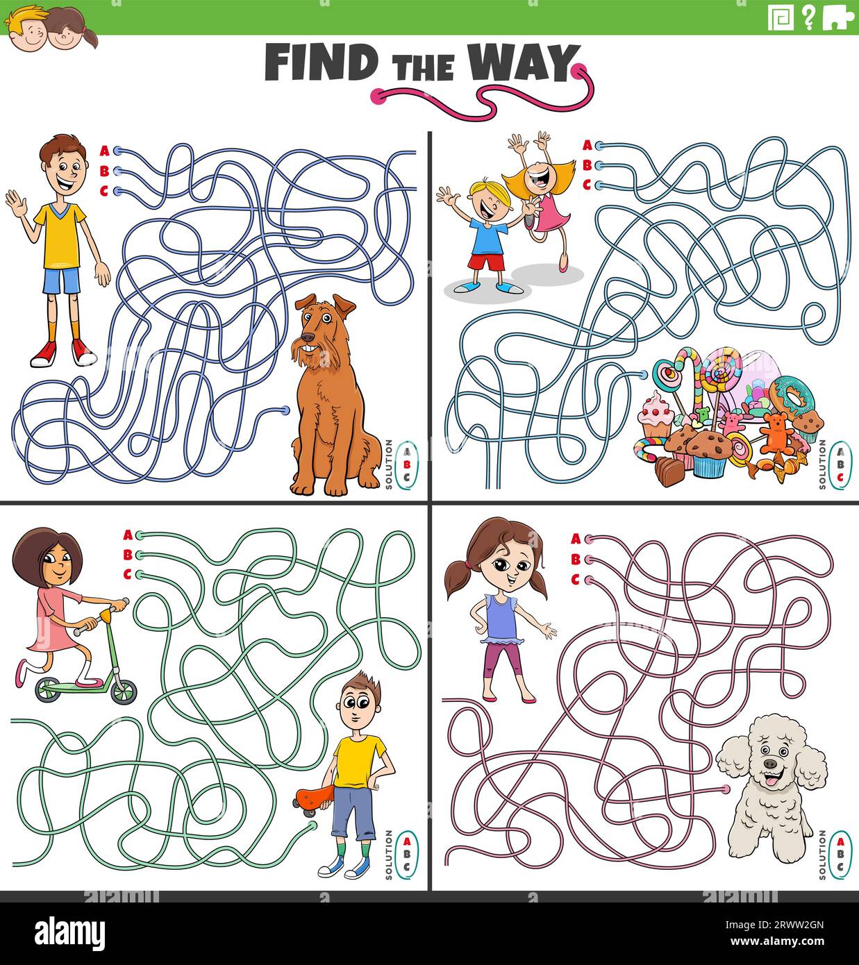 Cartoon illustration of find the way maze puzzle games set with ...