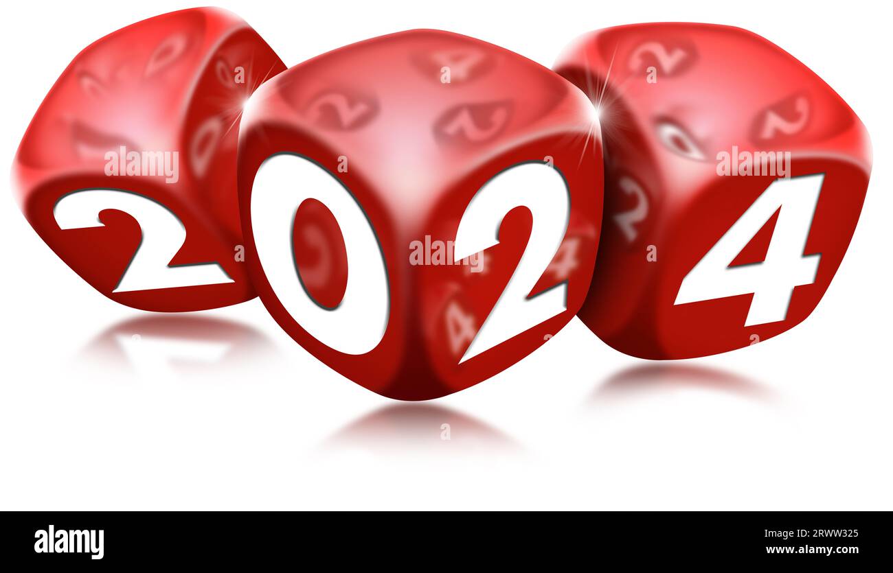 3D illustration of three red dice with the New Year 2024, New year ...