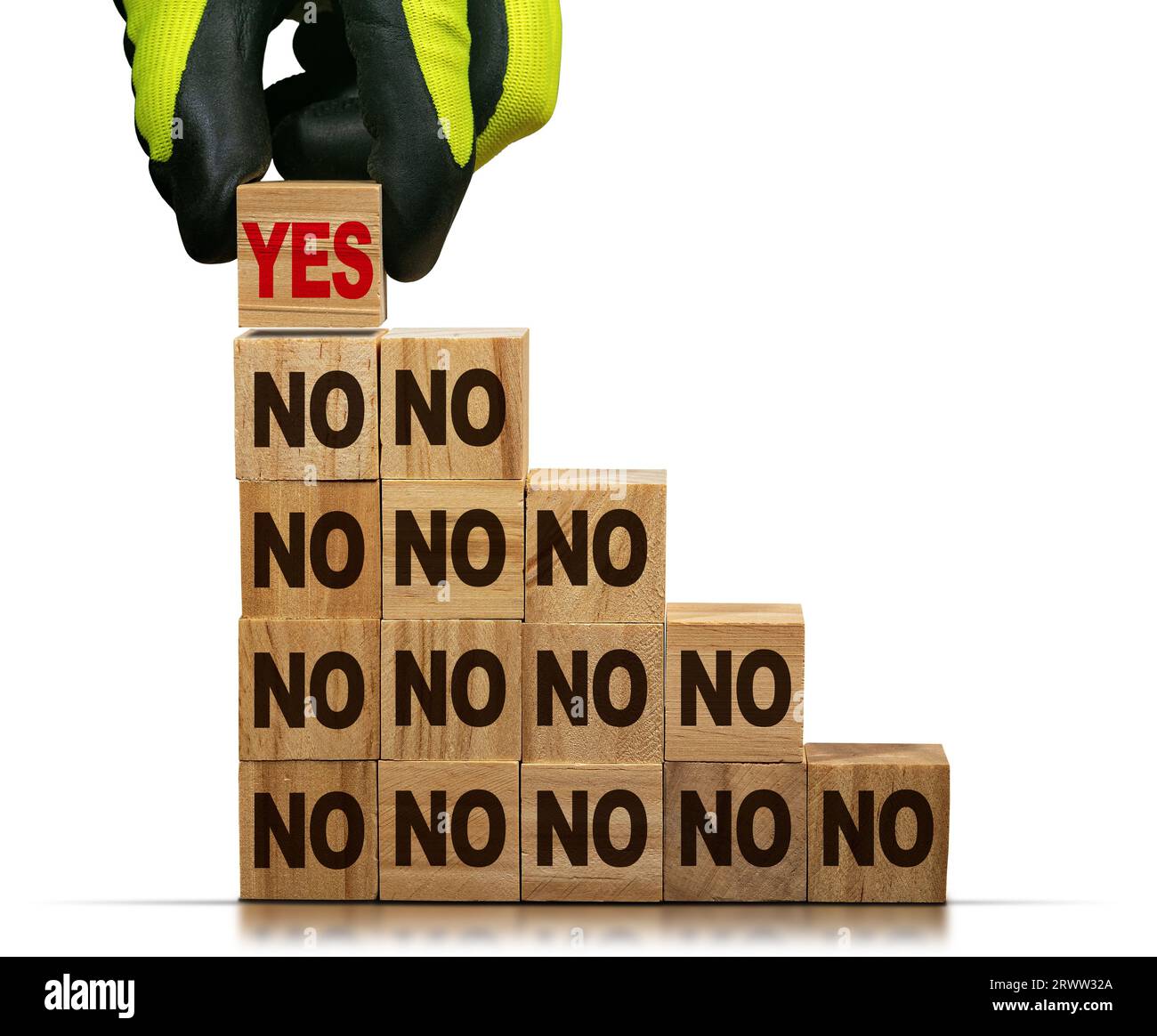 Gloved hand arranging wood blocks with brown text No as step with a red ...