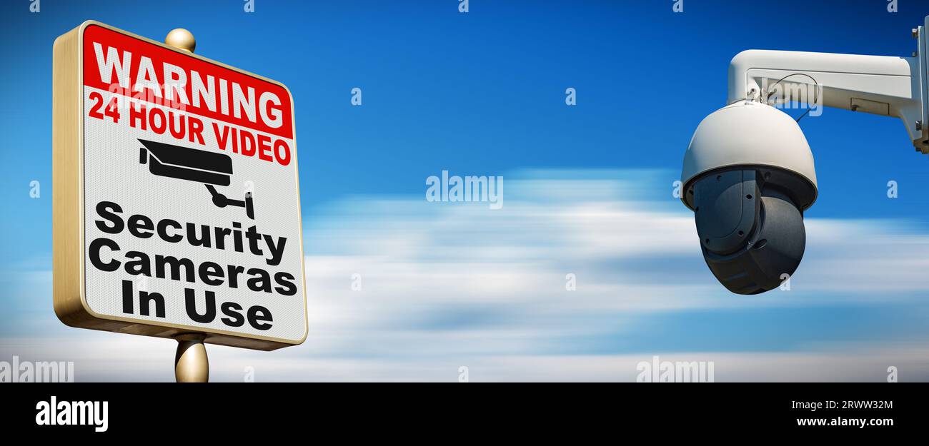 Modern security camera and a road sign with text Warning 24 Hour Video ...
