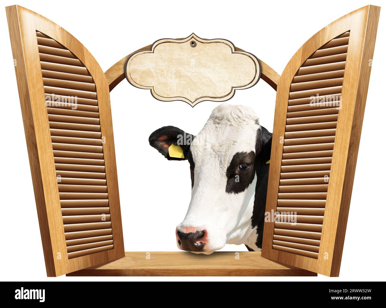 Brown wooden window with open shutters and wooden sill, white and black ...