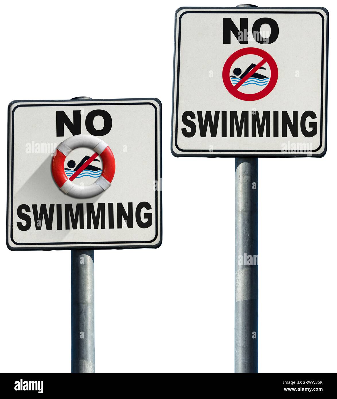 No swimming sign with pole isolated on white background. Photography ...