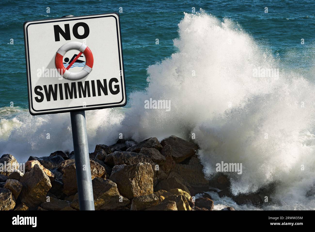 Warning sign danger rocks waves hi-res stock photography and images - Alamy