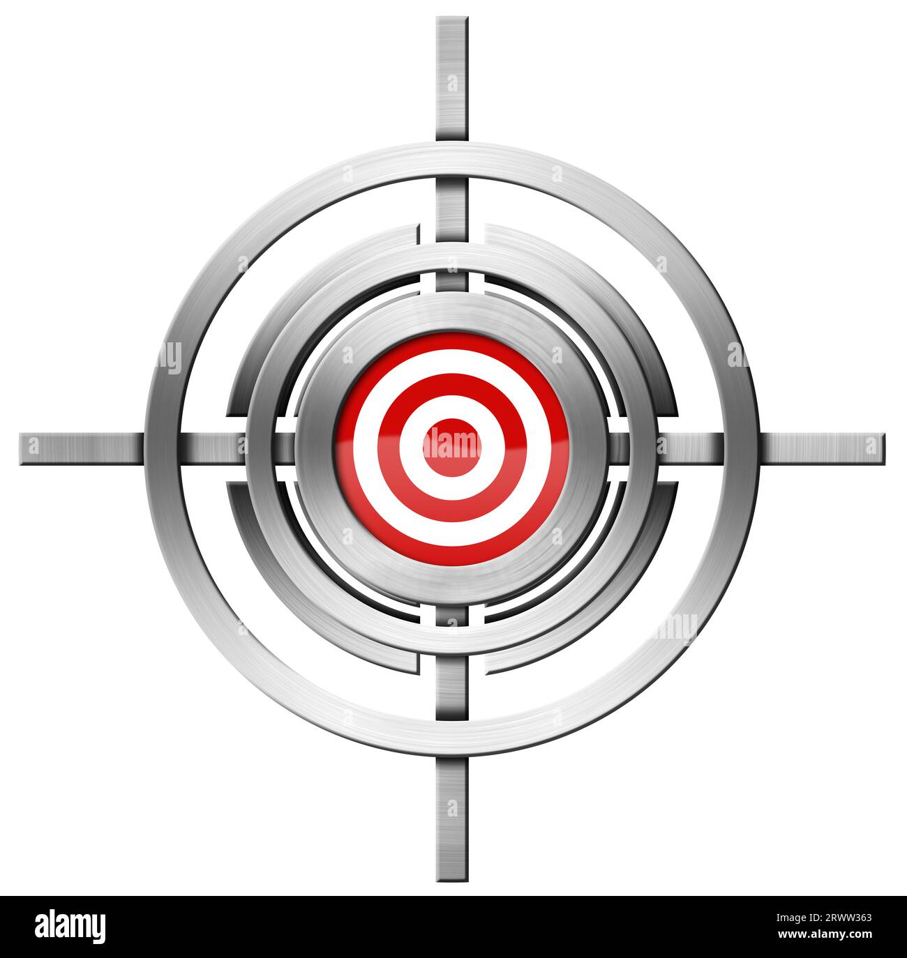 Red and white target in the center of a metal crosshair, isolated on ...