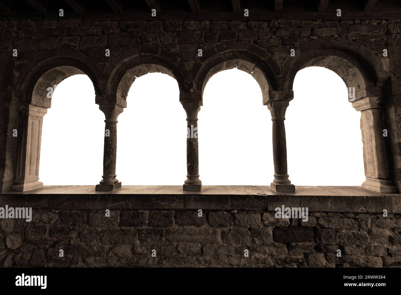 Porch with stone columns and arches isolated on white background, for ...