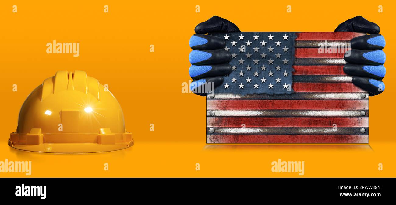 Happy Labor Day concept. Manual worker with work gloves holding a metal ...