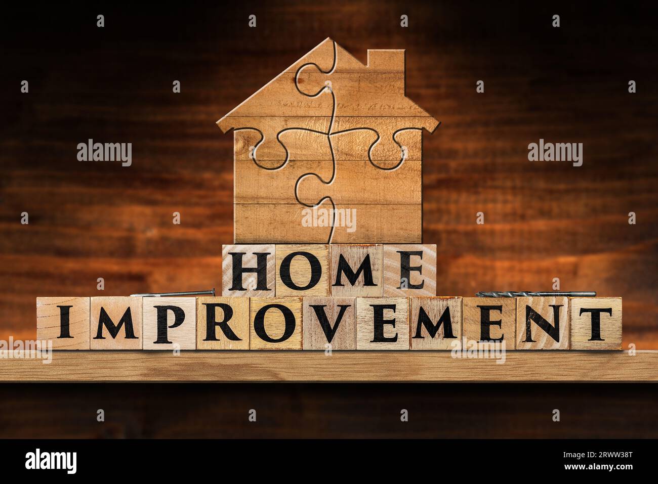 Home Improvement Concept. Wooden jigsaw puzzle pieces forming a house ...