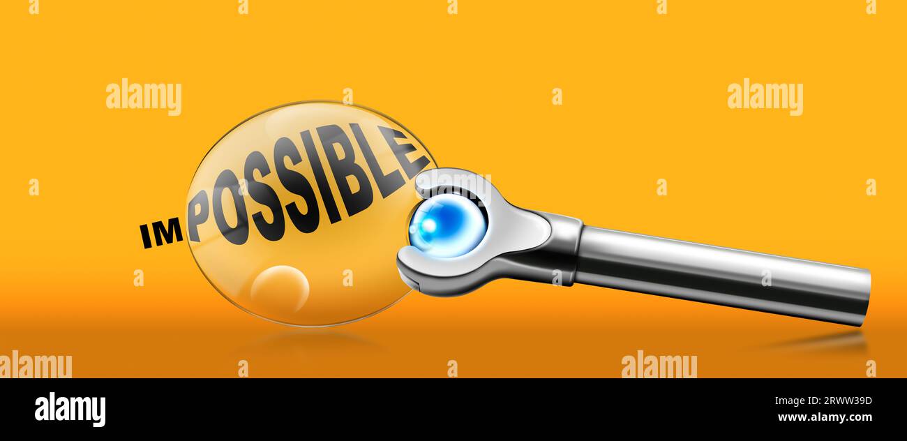 Magnifying glass changing the word Impossible into Possible, on a ...