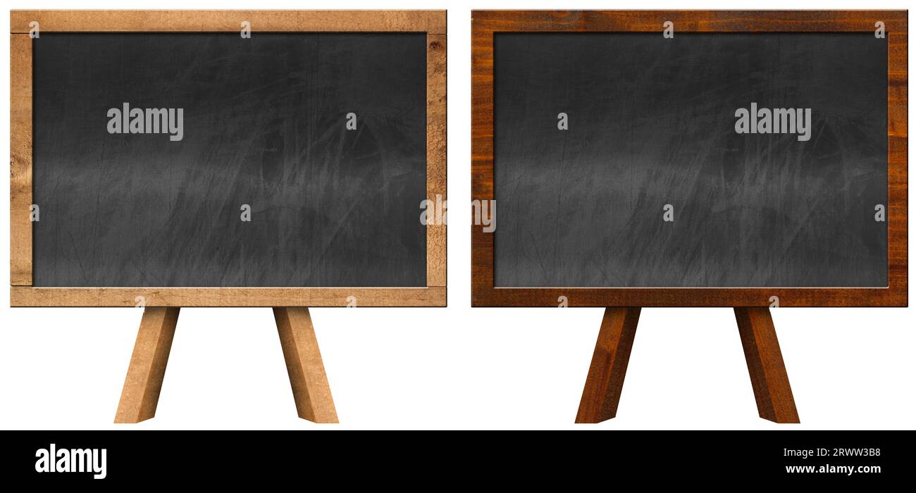 Two empty blackboards with wooden frame and easel isolated on white ...