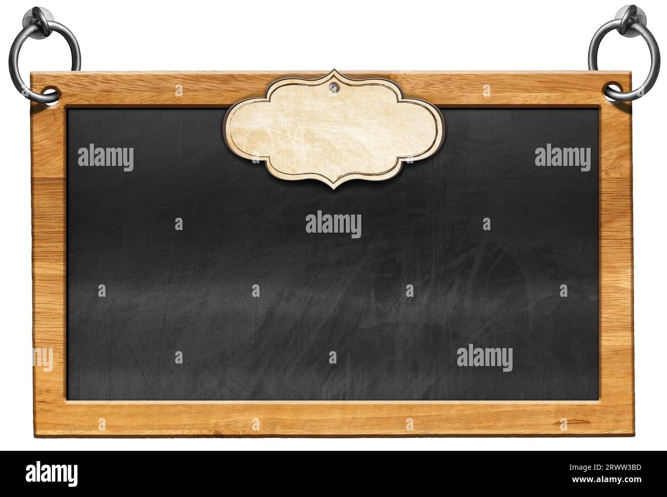 Old empty blackboard with wooden rectangular frame and blank label ...