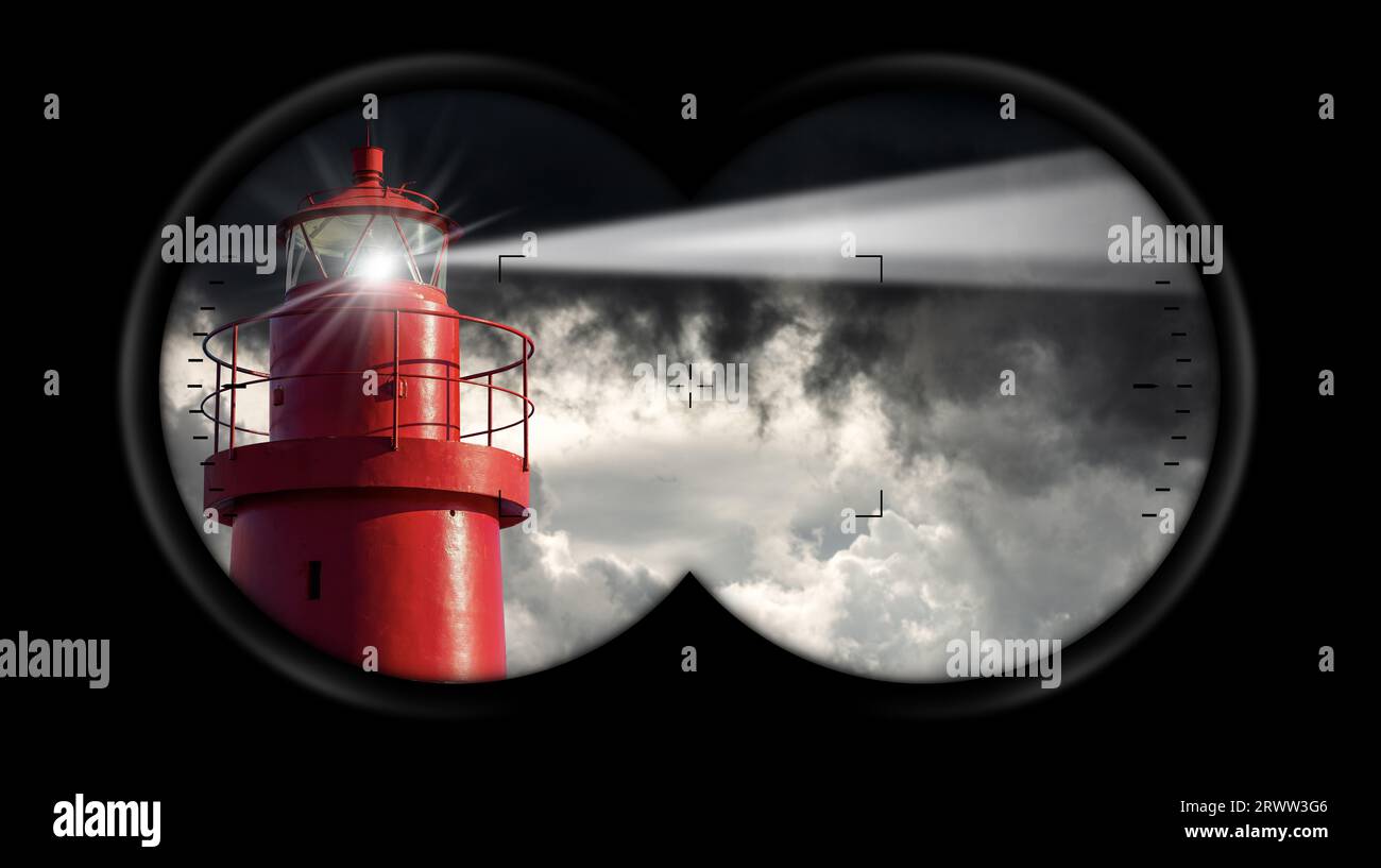 Binoculars Point of View with an old Red Lighthouse with storm clouds ...