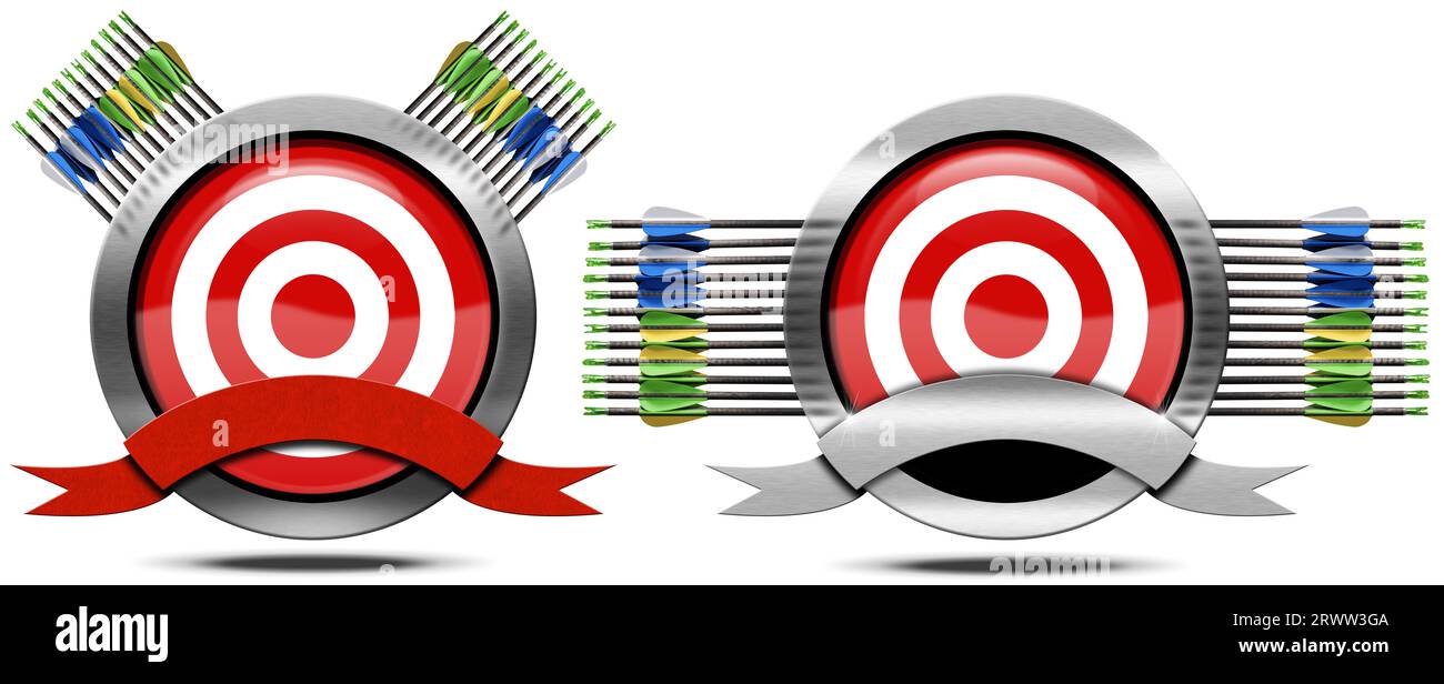 Two circle archery metal symbols with arrows, target and blank ribbon ...