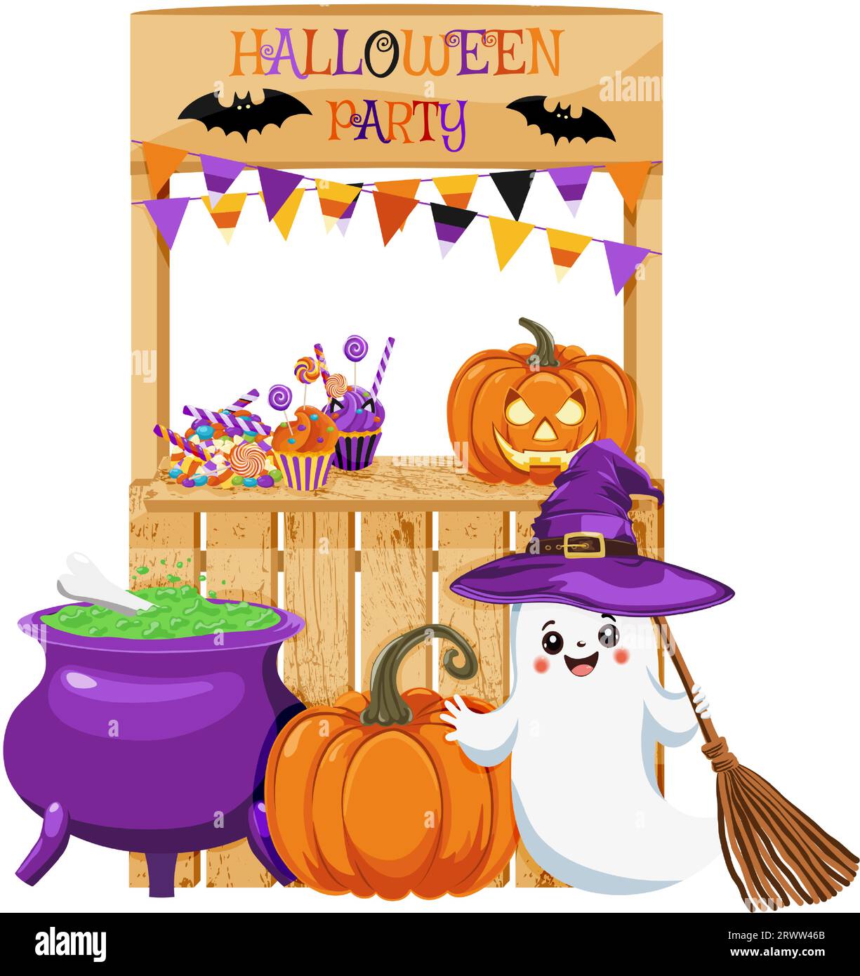 Wooden booth with Halloween symbols. A stand with a ghost, witch hat, a ...