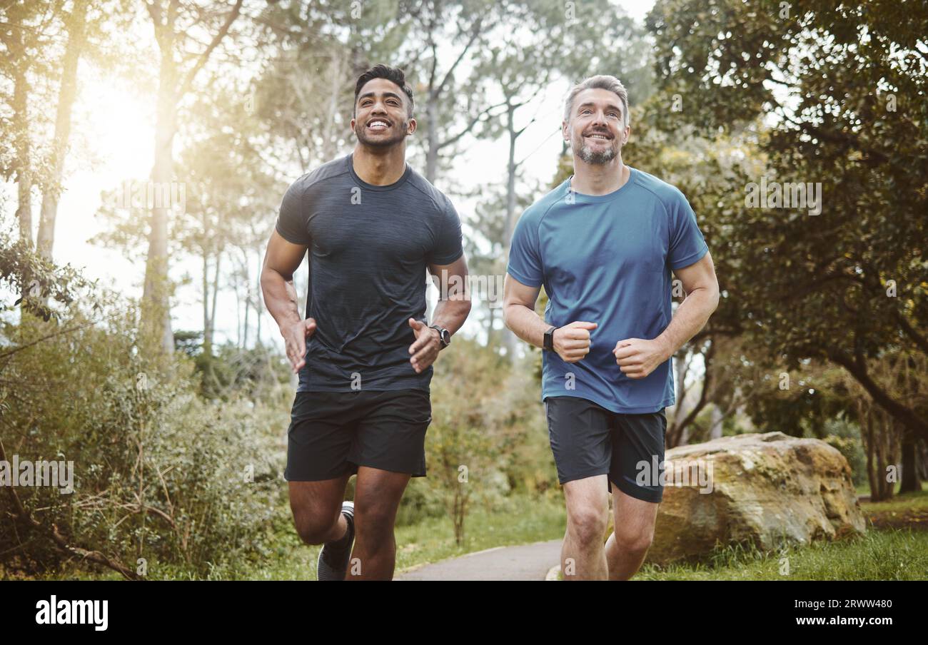 Running team, fitness and men in forest with cardio, athlete with ...