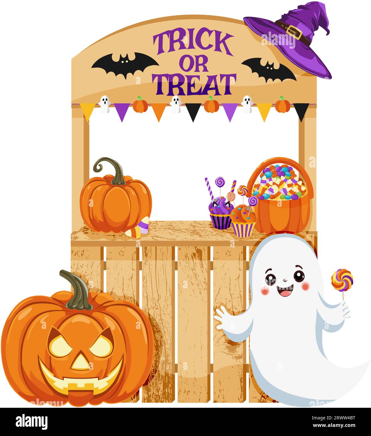Party send with Halloween symbols. Wooden booth with cute ghost ...