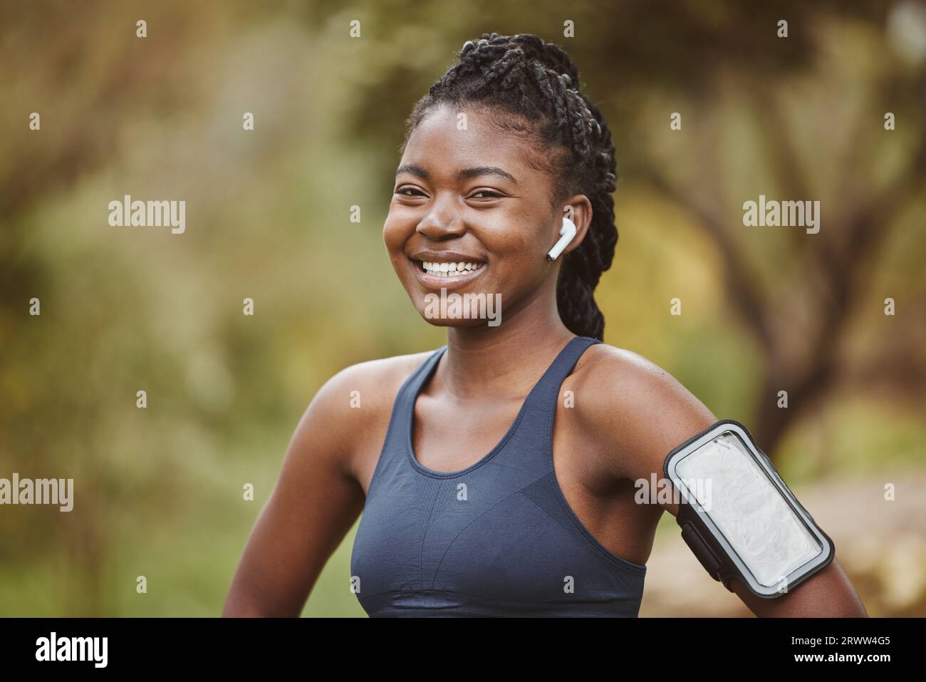 Fitness, smile and portrait of black woman at outdoor exercise, workout ...
