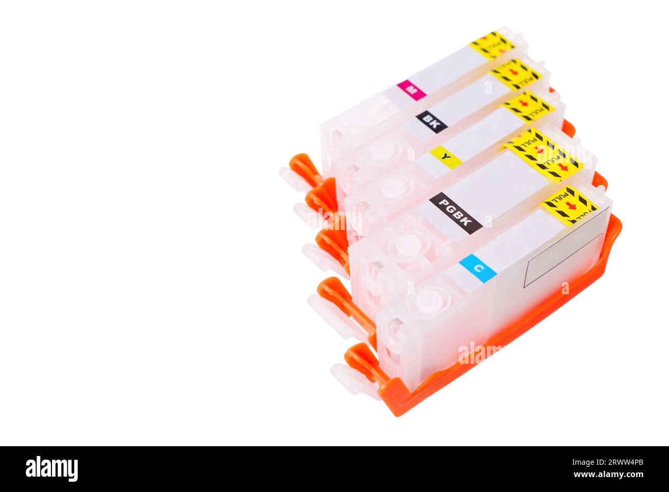 Set of five refillable inkjet printer cartridges isolated on white ...
