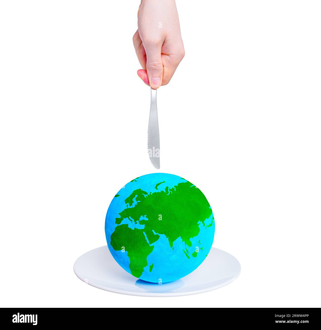 Hand trying to jab a world globe with a knife. Global business ventures ...