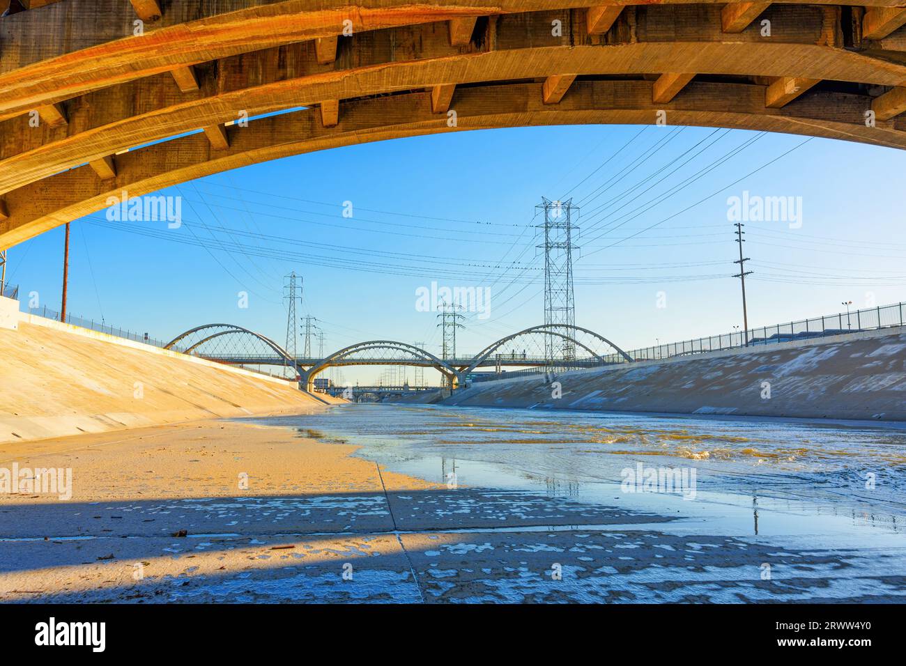 Wide angle view of thee Los Angeles River with bridges and power lines ...
