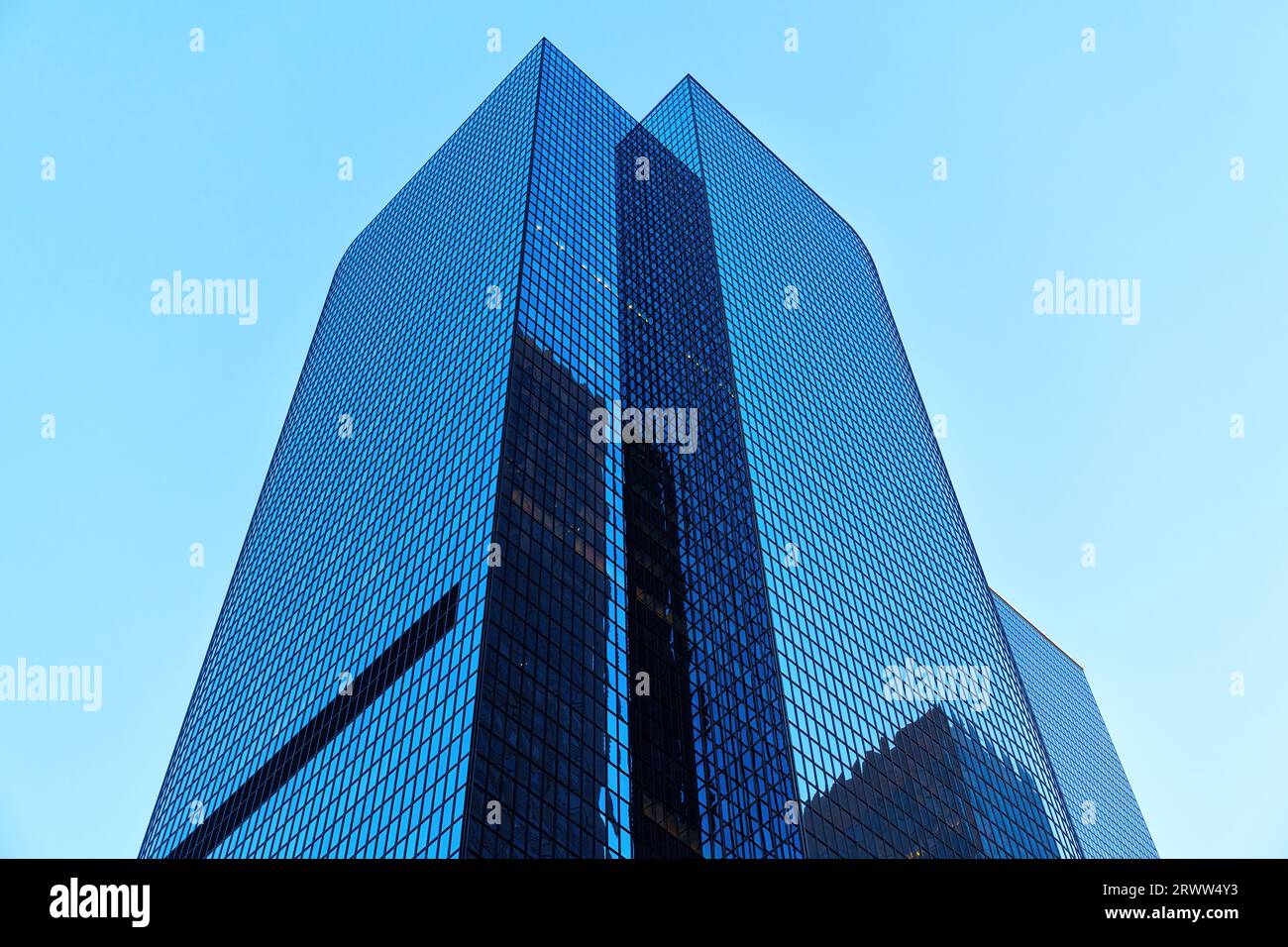 A skyscraper in the downtown LA stands tall against the backdrop of a perfectly clear blue sky ...
