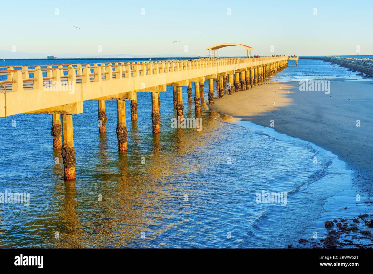 Beach view of the Cabrillo Pier stretching out into the ocean on a ...