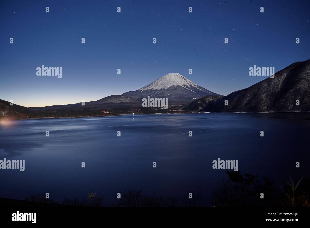 Fuji on a moonlit night from Lake Motosuko Stock Photo - Alamy