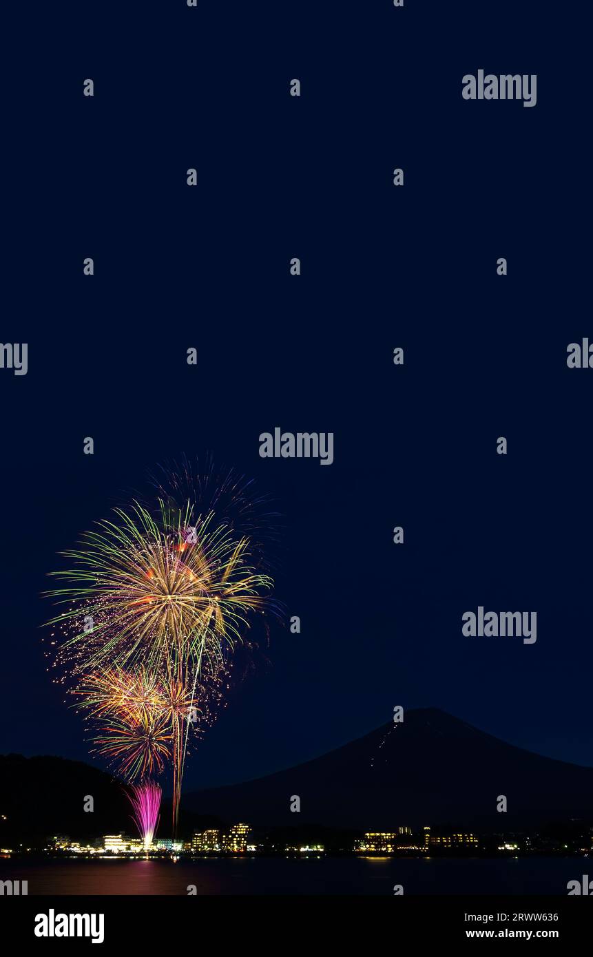Night view of Mt. Fuji and the fireworks display at the Kawaguchiko ...