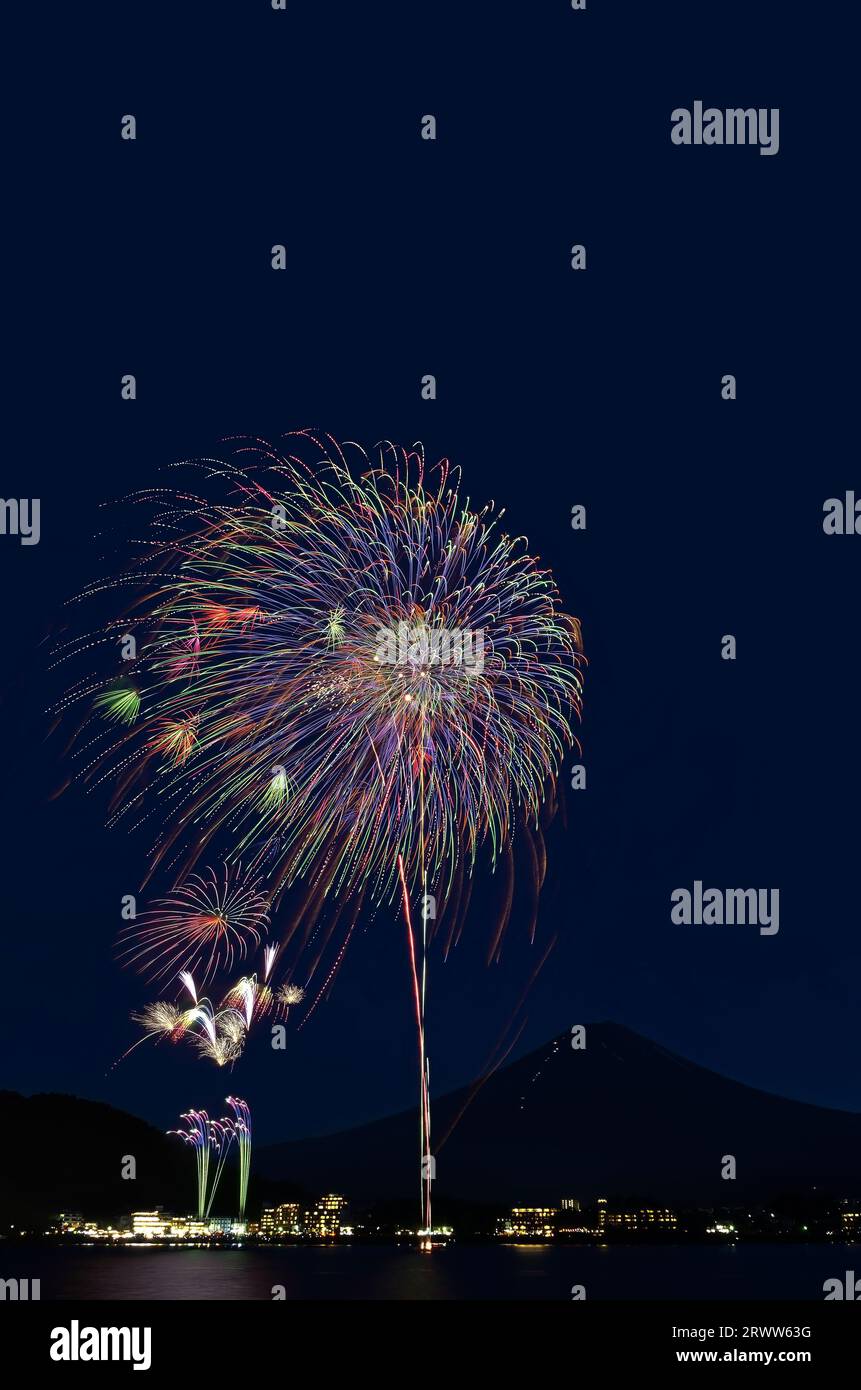 Night view of Mt. Fuji and the fireworks display at the Kawaguchiko ...