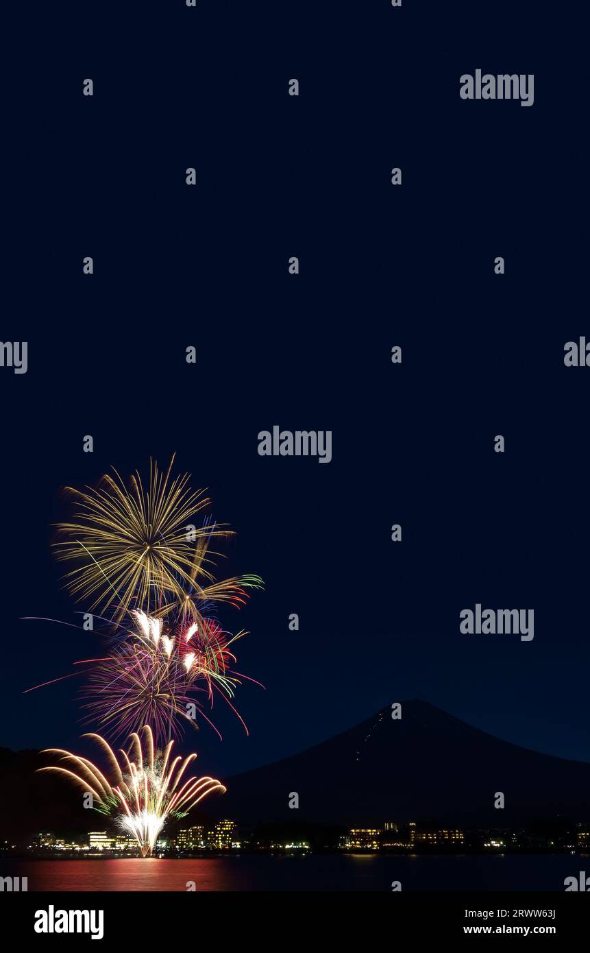 Night view of Mt. Fuji and the fireworks display at the Kawaguchiko ...